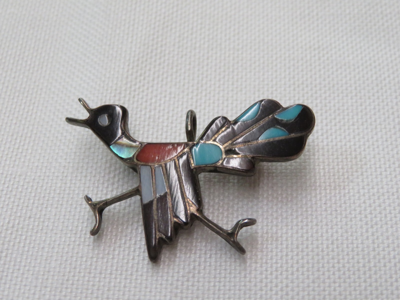 ZUNI pin pendant Sterling Mosaic Road Runner signed C. Dishta OLD vtg ...