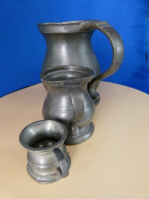 Antique Victorian pewter measuring cups, x 3 Largest is a pint, free ...