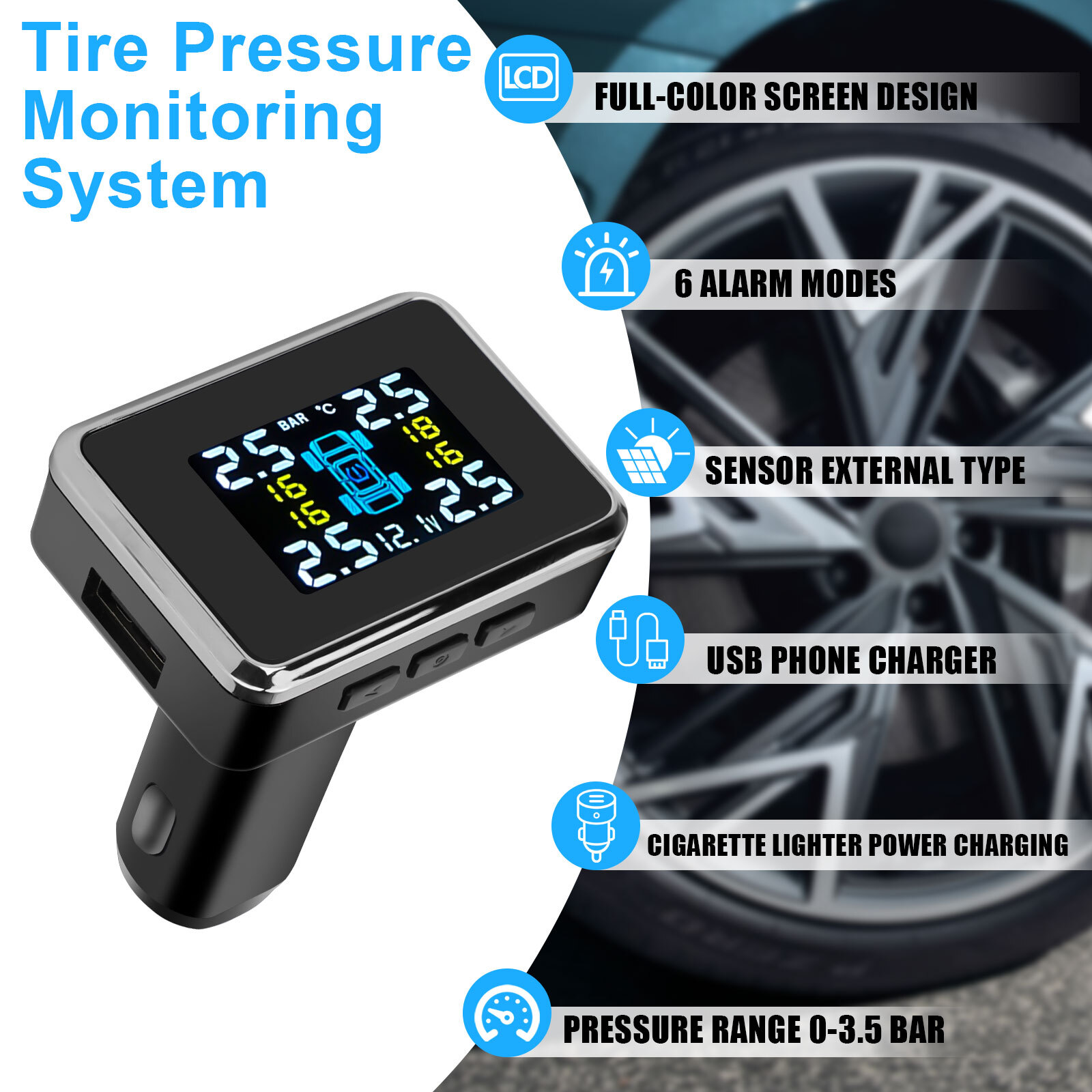 TPMS USB Car Wireless Tire Pressure Monitoring System With 4 External Sensors | eBay