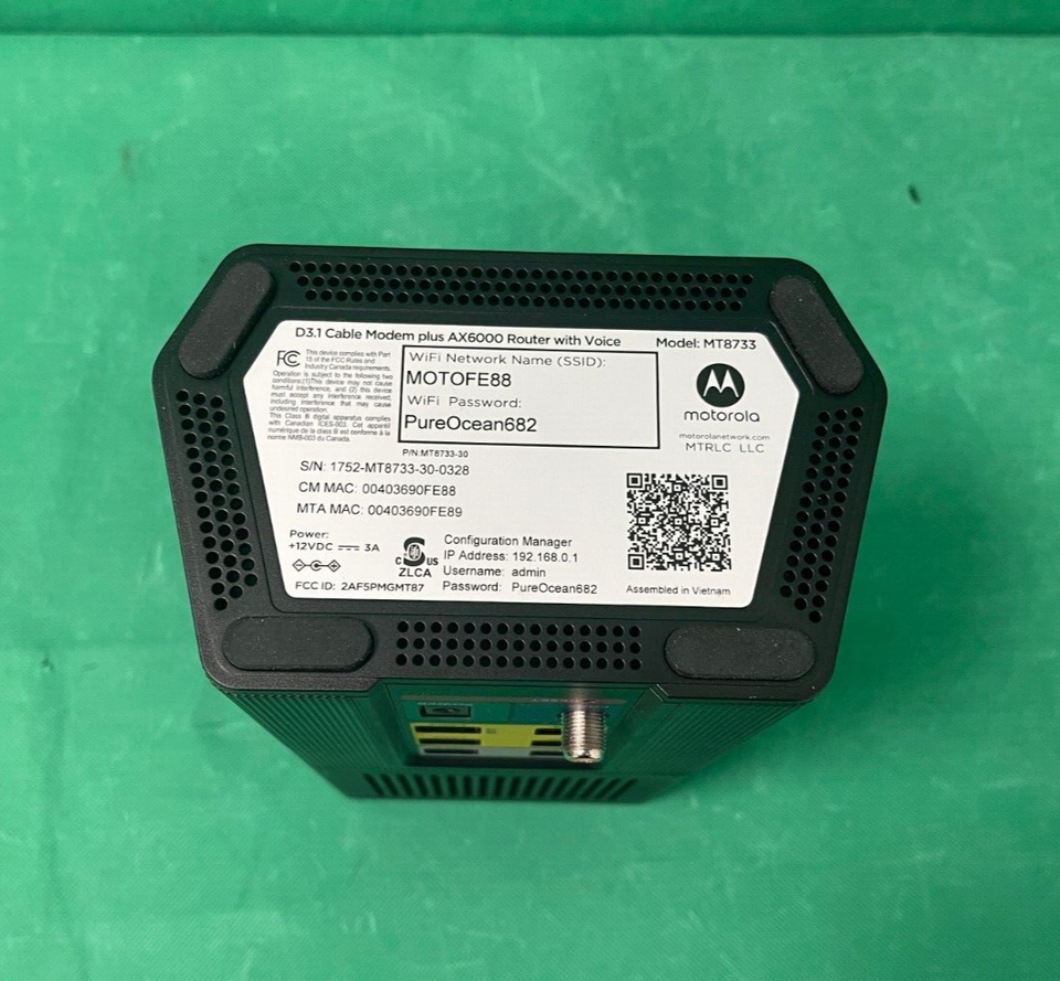 Motorola MT8733 DOCSIS 3.1 Cable Modem + WiFi 6 Router *PLEASE READ ...