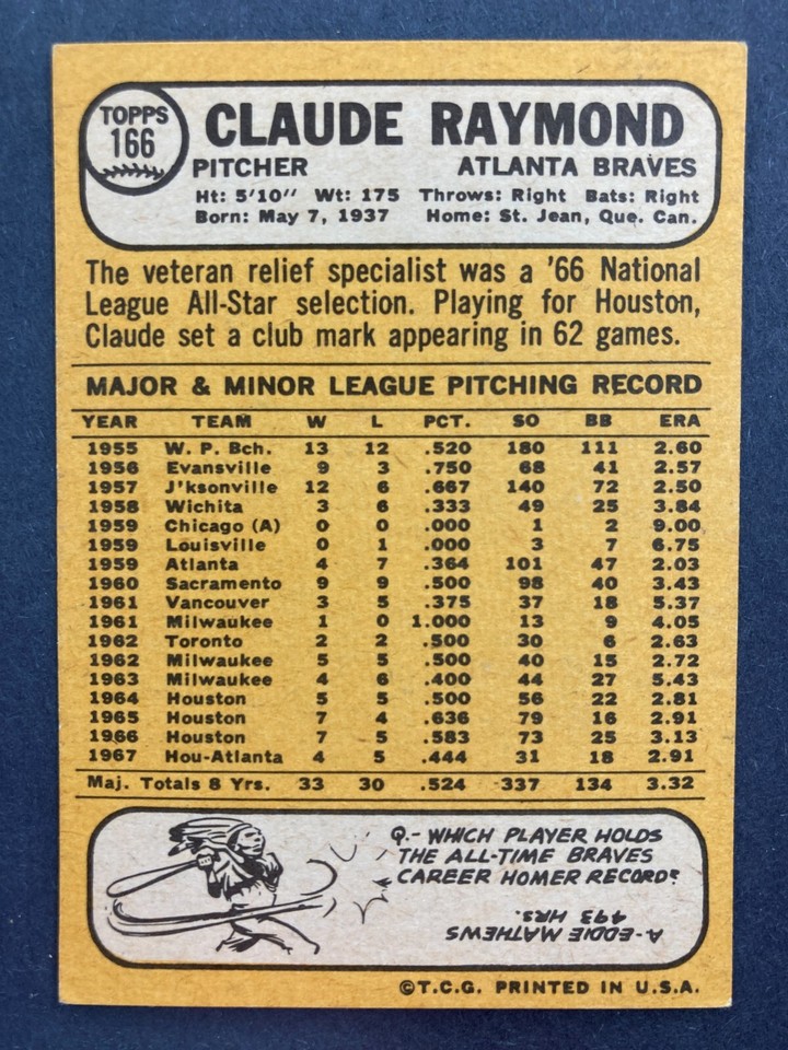 1968 Topps #166 Claude Raymond (Atlanta Braves) (B) | eBay