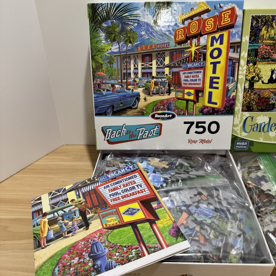 Two 750 Piece Puzzles Back To The Past Rose Motel & Garden Delights COMPLETE | eBay