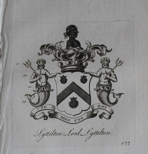 1756 ANTIQUE PRINT FAMILY CREST COAT OF ARMS LORD LYTTELTON | eBay