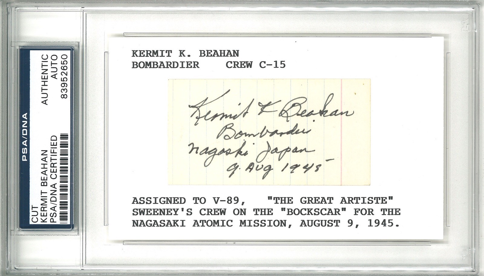 KERMIT BEAHAN SIGNED CUT SIGNATURE PSA DNA 83952650 (D) BOCKCAR ...