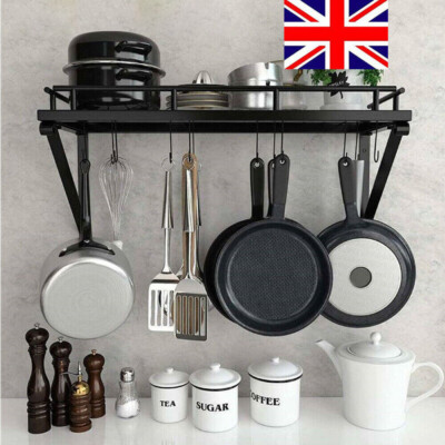Kitchen Hanging Pot Pan Rack Wall Mount Storage Shelf Saucepan Holder ...