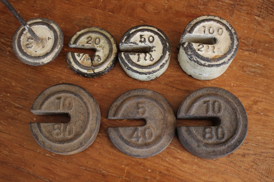 6 Vintage Cast Iron Round Counterpoise Slotted Scale Counter Hanger ...