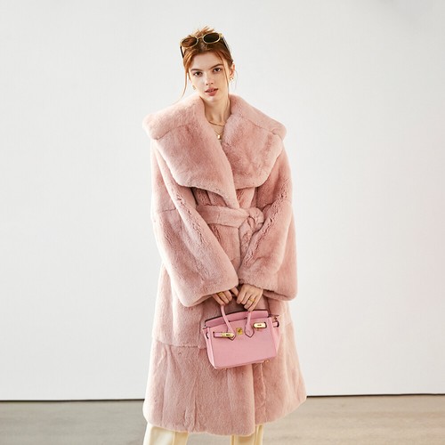 Top Pink Women Full Pelt Real Rex Rabbit Fur Coat Big Lapel Chinchilla ...