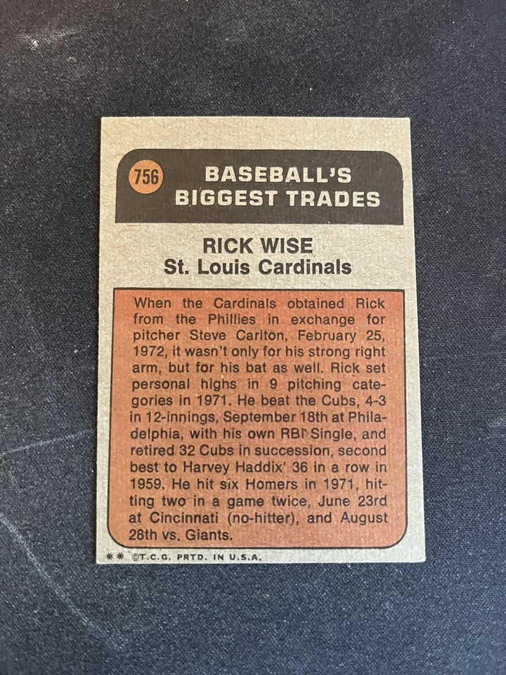 1972 Topps Rick Wise Traded St. Louis Cardinals #756 No Creases High ...