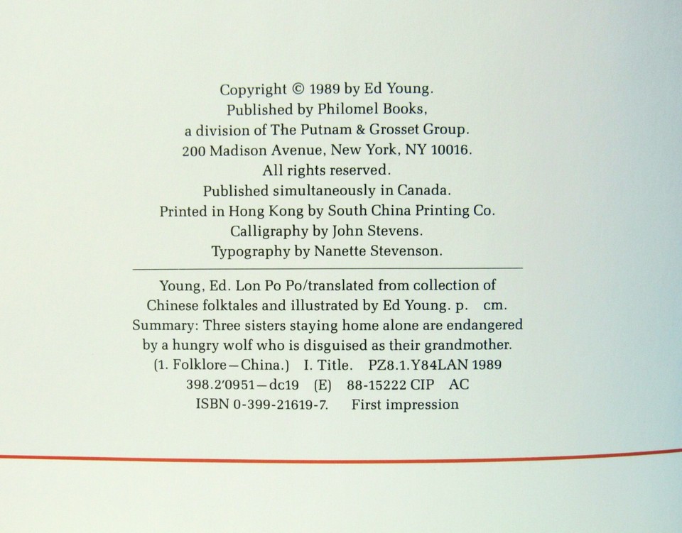 LON PO PO Red Riding Hood Story from China Ed Young 1989 HBDJ 1st Fine ...