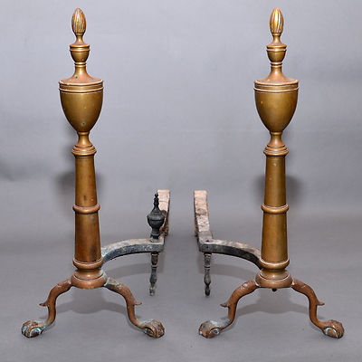 Antique Pair of PURITAN Spire Top EAGLE CLAW Brass Fireplace Andirons ...