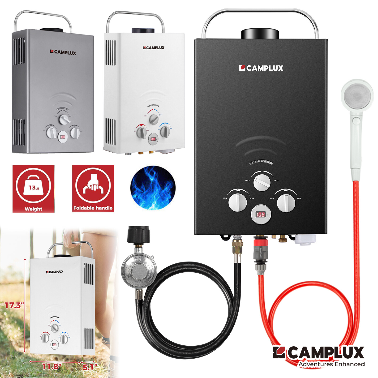 Camplux Tankless Gas Water Heater Portable Instant Hot Shower Outdoor ...