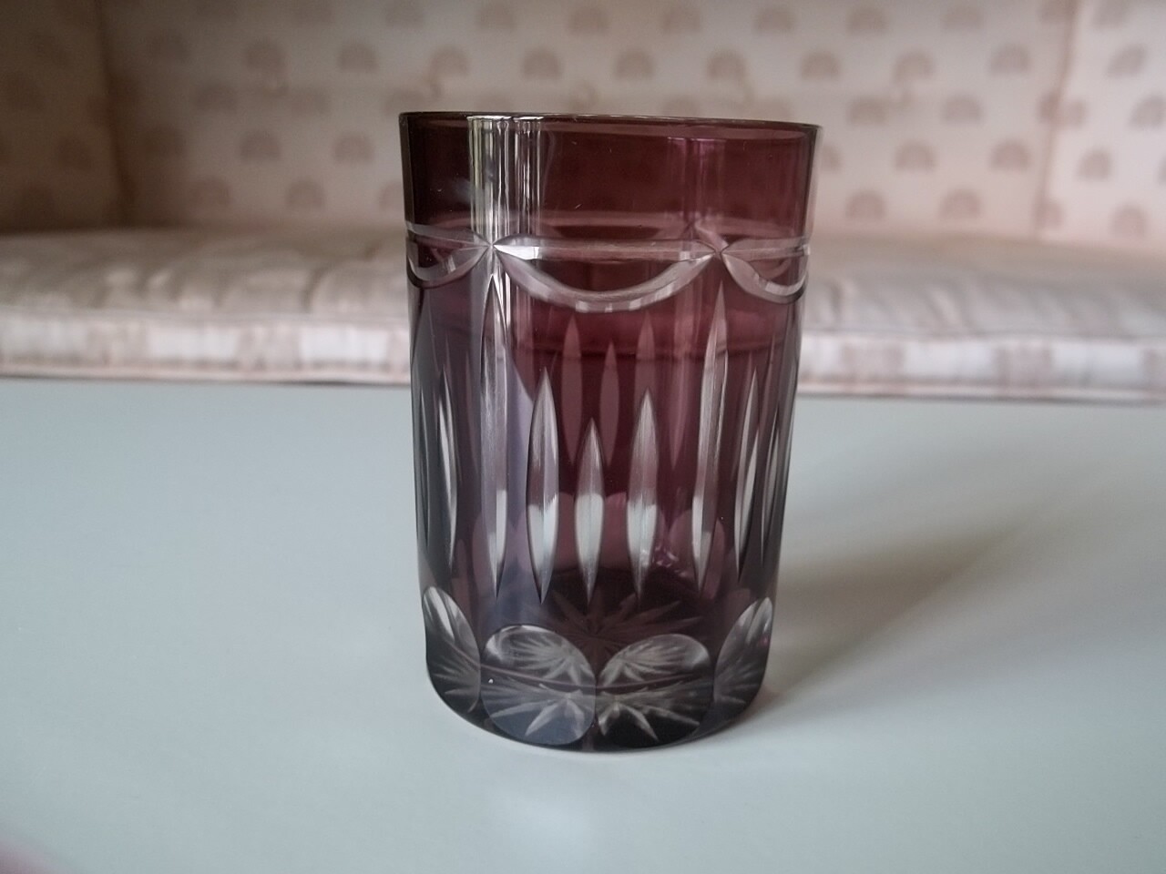 Vtg PURPLE Bohemian Cut To Clear Crystal JUICE Glass 4 Oz. 3 1/8" X 2 1 ...