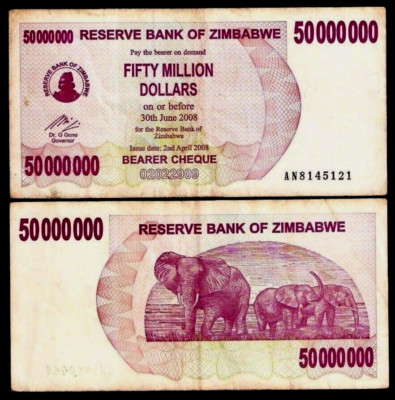 Zimbabwe 50000000 DOLLARS 50 Million P-57 2008 100 Trillion Series ...