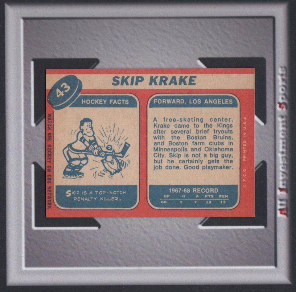 1968 Topps SKIP KRAKE #43 NM-MT (B) **Los Angeles Kings** TD89 | eBay