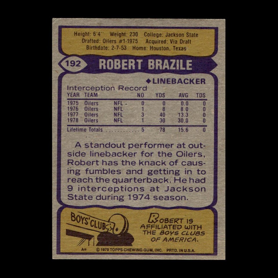 Robert Brazile 1979 Topps Houston Oilers #192 R310D 5 | eBay
