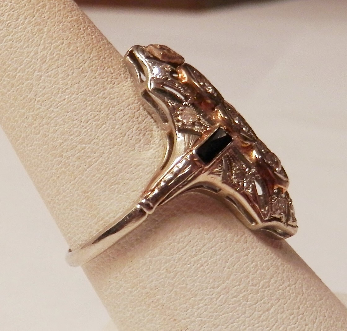 Art Deco Mine Cut Diamond &Lab Created Sapphire 18K White Gold Ring 7.5 ...