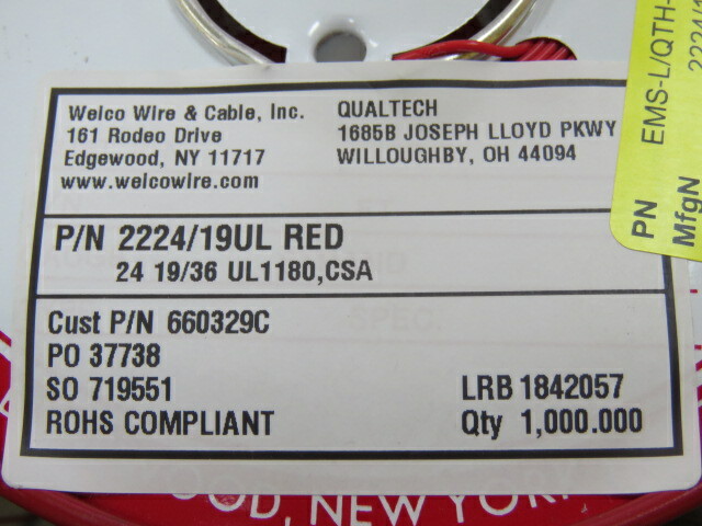WEICO 2224/19UL-2 Qty of 995 per Lot 24AWG WIRE RED STRAND TEFLON; 300V ...