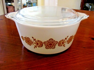 VTG PYREX WHITE MILK GLASS BROWN FLOWERS ~BUTTERFLIES LIDDED 1 1/2QT ...