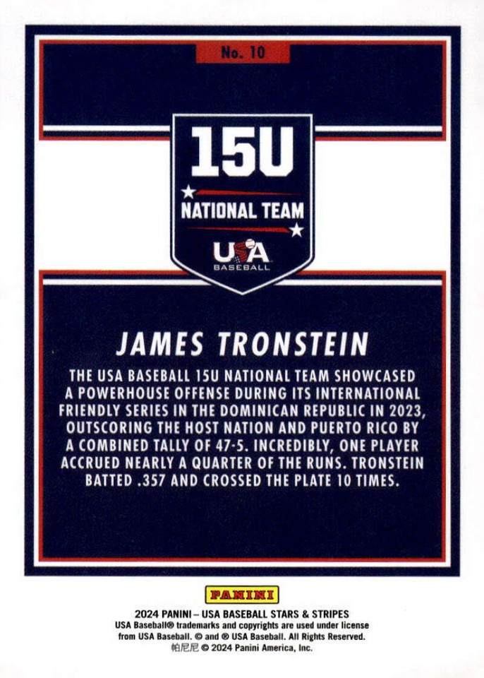 JAMES TRONSTEIN RC 2024 Panini Stars and Stripes #10 Pre-ROOKIE Team U ...