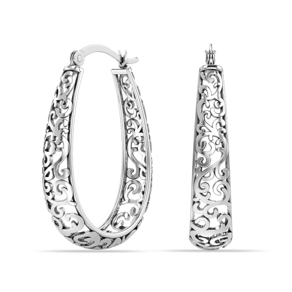 925 Sterling Silver Lightweight Filigree Oval Hoops Earring for Women ...