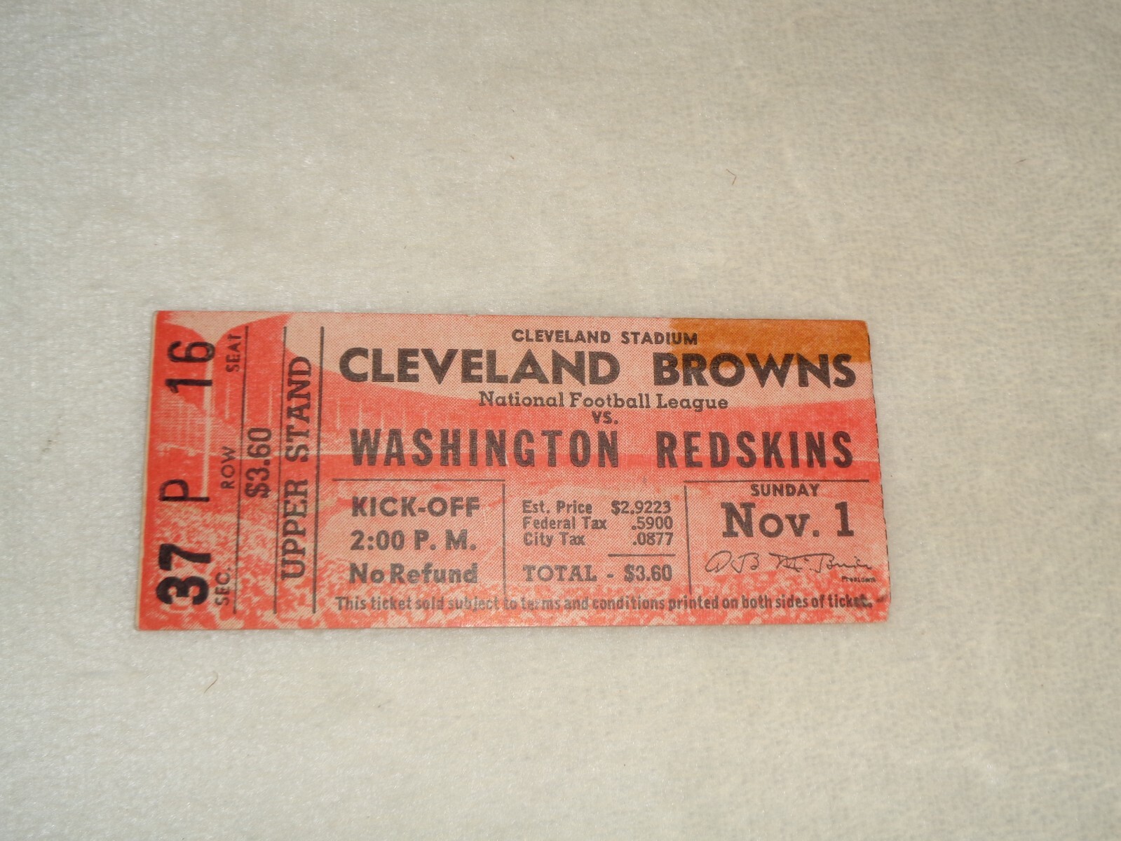 1953 Cleveland Browns Washington Redskins 11/1/53 Original NFL Football ...