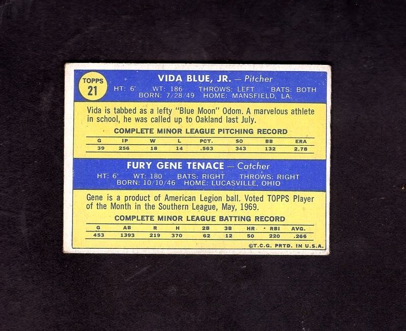 1970 Topps # 21 ROOKIE VIDA BLUE VG condition Oakland Athletics 202/3C ...