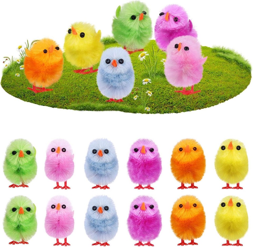 12 X Easter Chicks Mini Multicoloured Fluffy Chicken Small Party ...