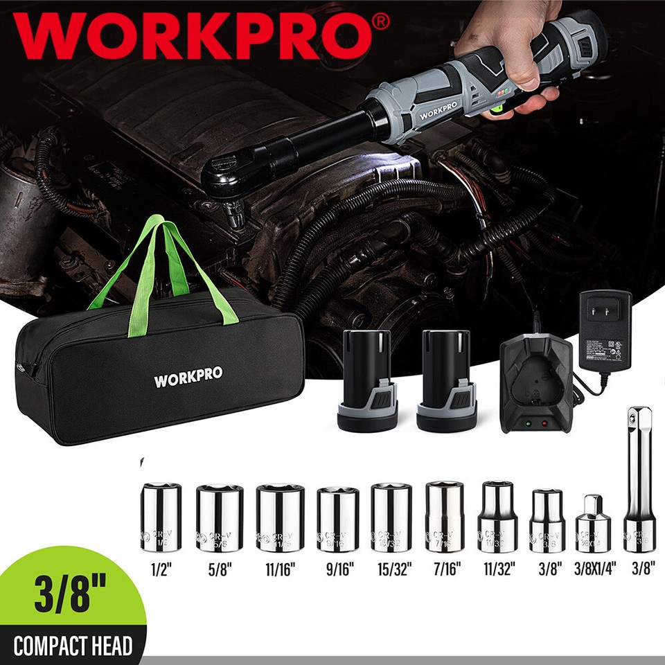 WORKPRO 3/8" Cordless Electric Ratchet Wrench Extended Head 40 Ft-lb ...