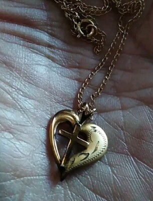 Vintage 14K G F Yellow Gold 18" Chain Necklace & Heart W/ Cross 14k G F ...