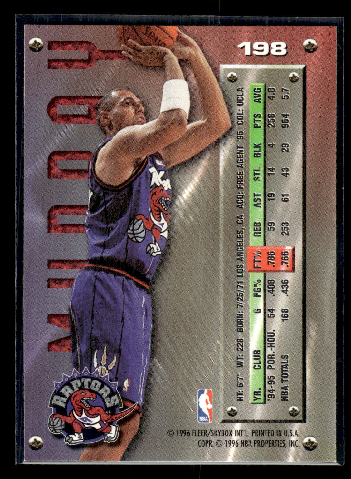 1995 Fleer Metal #198 Tracy Murray Expansion Toronto Raptors Mint+ | eBay