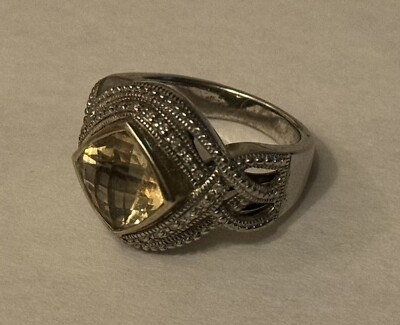 Judith Jack Sterling Silver 925 Cushion Cut Citrine & Marcasite Ring ...