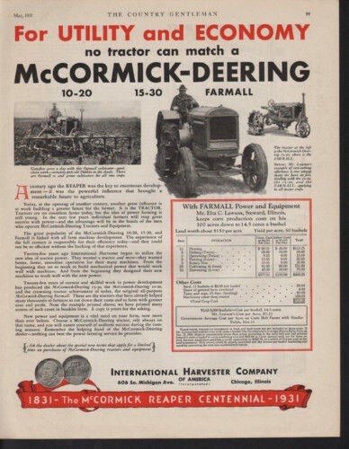 1931 MCCORMICK DEER FARMALL TRACTOR AGRICULTURE ELZA LAWSON STEWARD AD ...