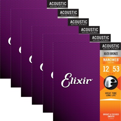 Elixir 11052 Nanoweb 80/20 Bronze Light Acoustic Guitar Strings 12-53 ...