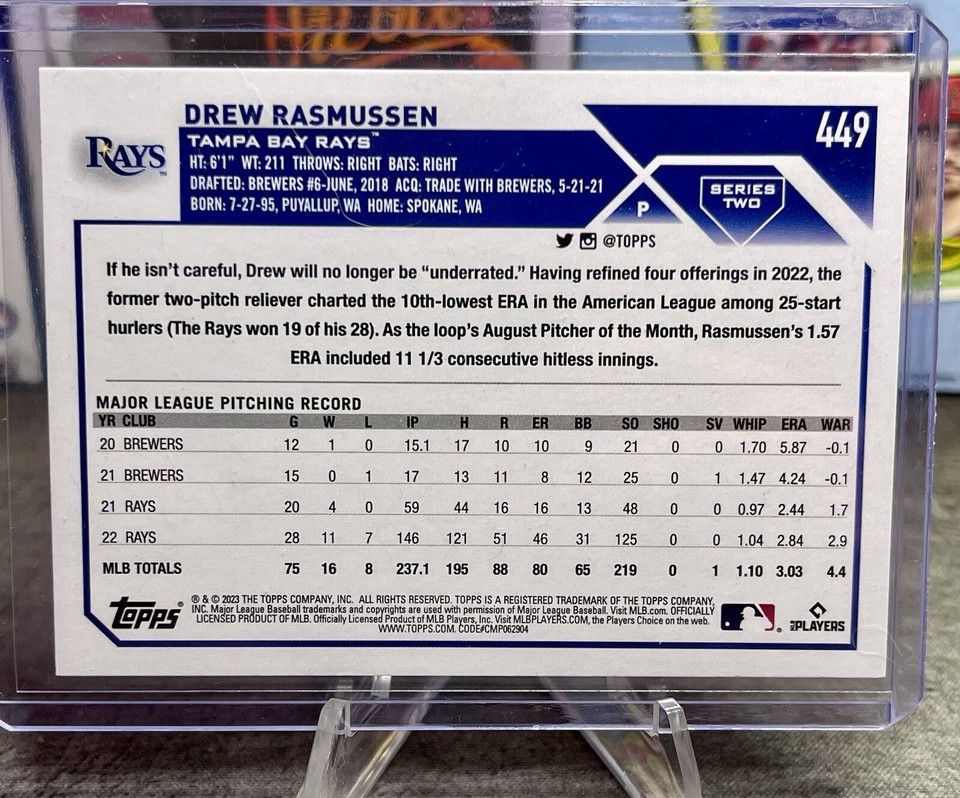 2023 Topps Series 2 Drew Rasmussen SP Royal Blue Card #449 Tampa Bay ...