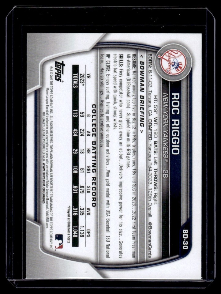 2023 Bowman Draft Roc Riggio Rookie New York Yankees #BD-30 | eBay