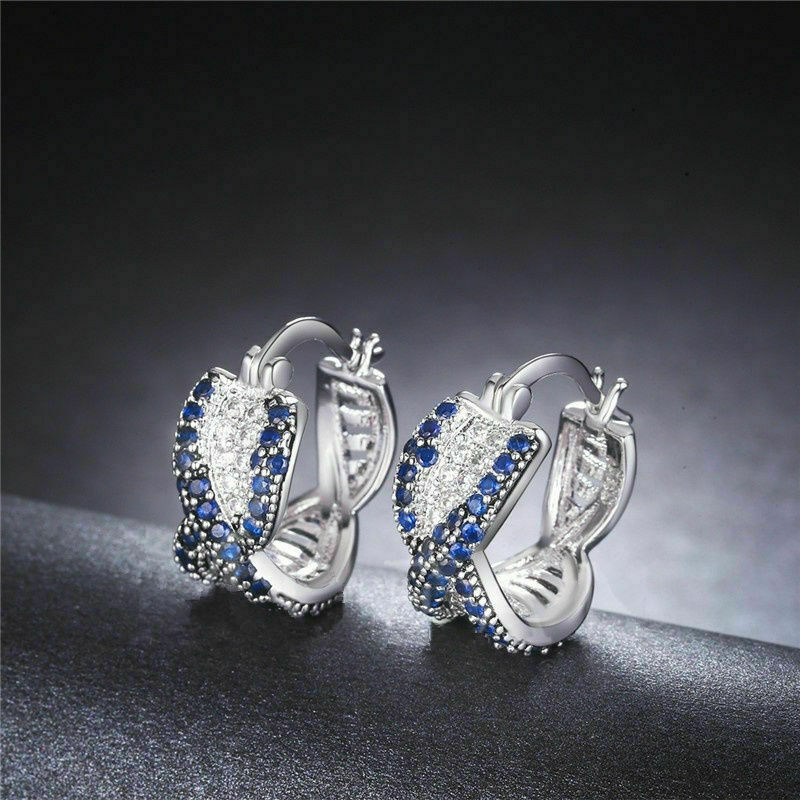 Women's Blue Sapphire & CZ 0.90CT Silver Cross Hoop Earrings 14k White ...