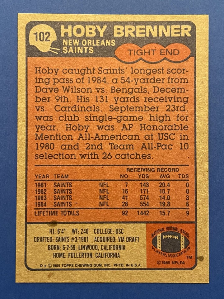 HOBY BRENNER Signed ROOKIE 1985 Topps #102 Saints USC Trojans RC ...