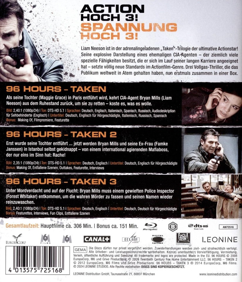 96 Hours - Taken 1-3 (Blu-ray) Neeson Liam Whitaker Forest Janssen ...