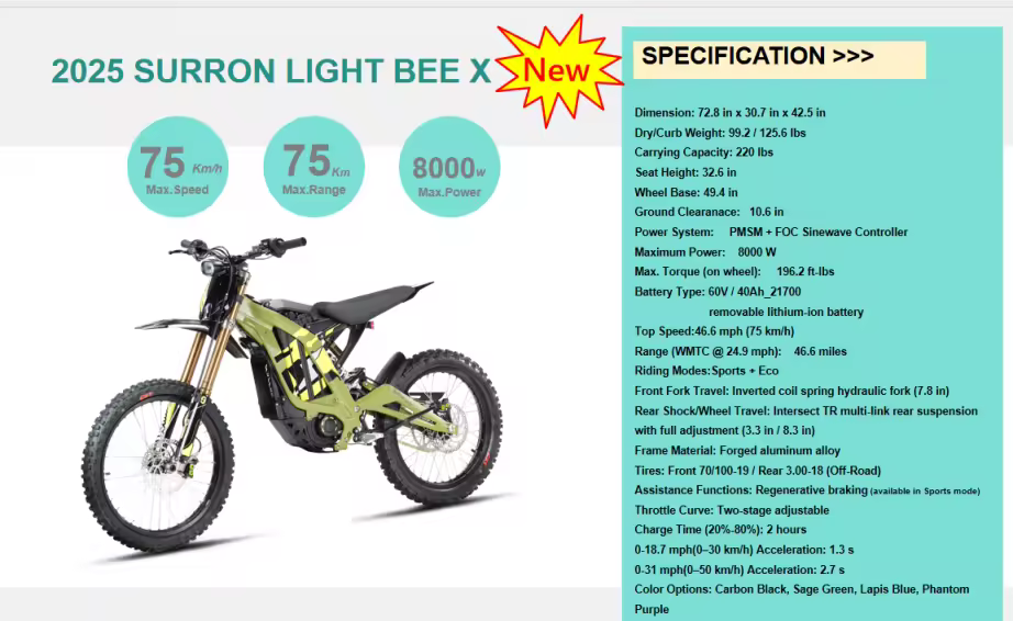 SURRON LIGHT BEE X 8000w E bike, Electric Motorcycle HOLIDAY SALE ! See ...