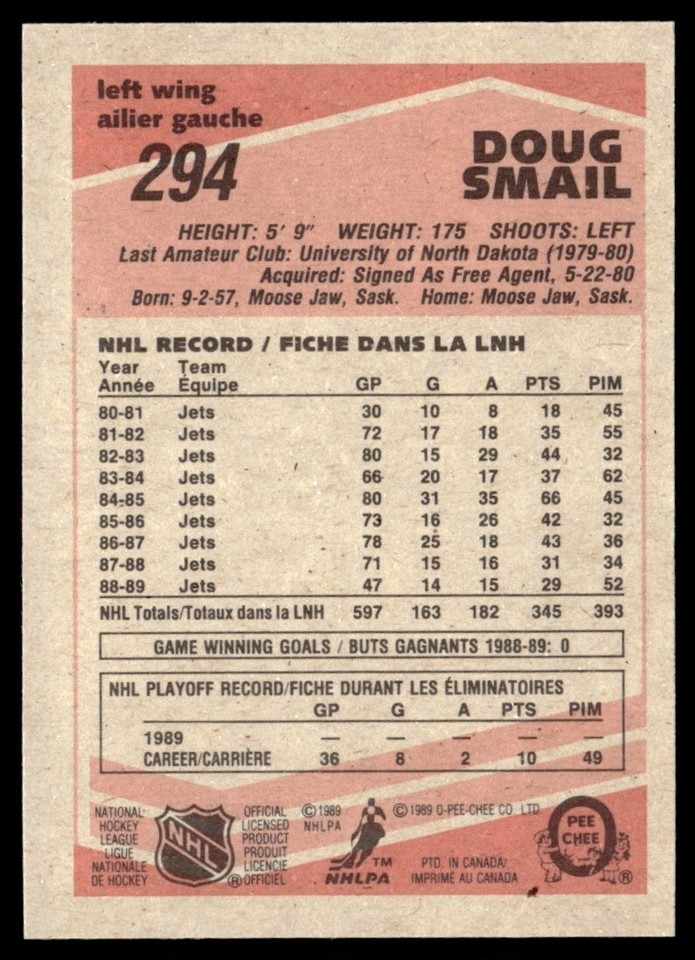 1989-90 O-Pee-Chee #294 Doug Smail Winnipeg Jets | eBay