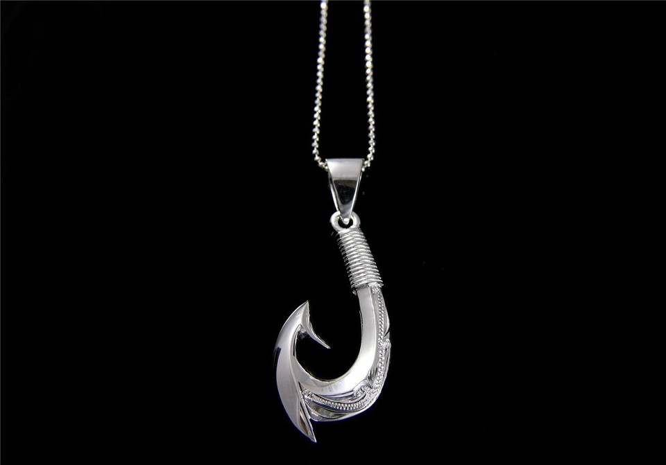 SILVER 925 HAWAIIAN 2 SIDED SCROLL ENGRAVED 3D FISH HOOK PENDANT HEAVY ...