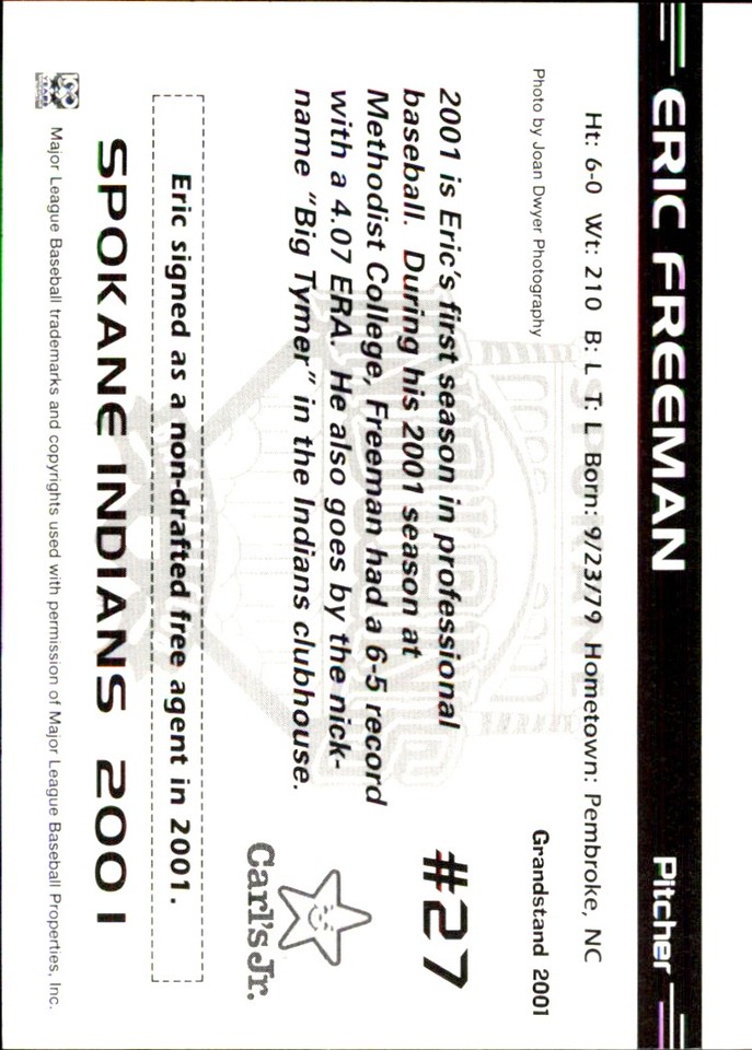 Eric Freeman 2001 Grandstand Spokane Indians RC FREE SHIPPING ...