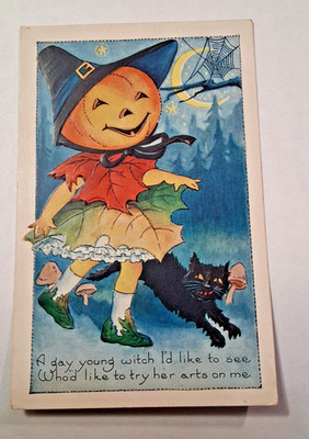 Vintage 1920's Halloween Postcard by G. Whitney A Gay Young Witch | eBay