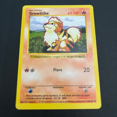 Growlithe 28/102 Base Set Shadowless Pokemon Card Trading Card TCG WOTC ...