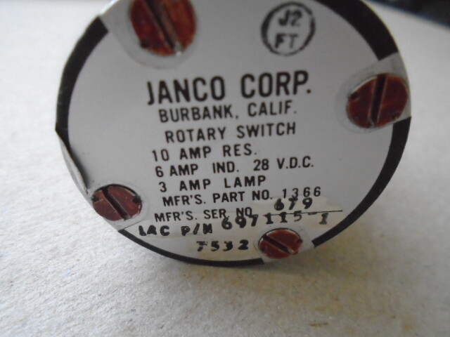 1 EA NOS JANCO ROTARY SWITCH USED ON LOCKHEED C-130 AIRCRAFT P/N: 1366 ...