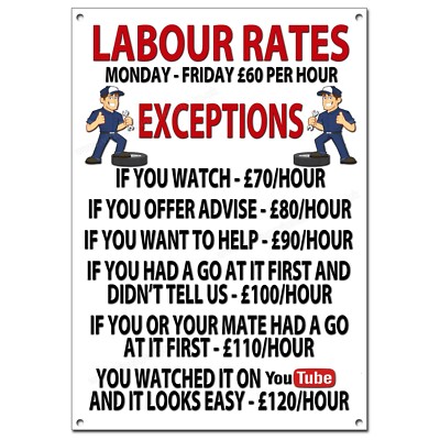 GARAGE FUNNY LABOUR RATES PRESTIGE METAL SIGN - DIMENSIONS 11" HIGH X 8 ...