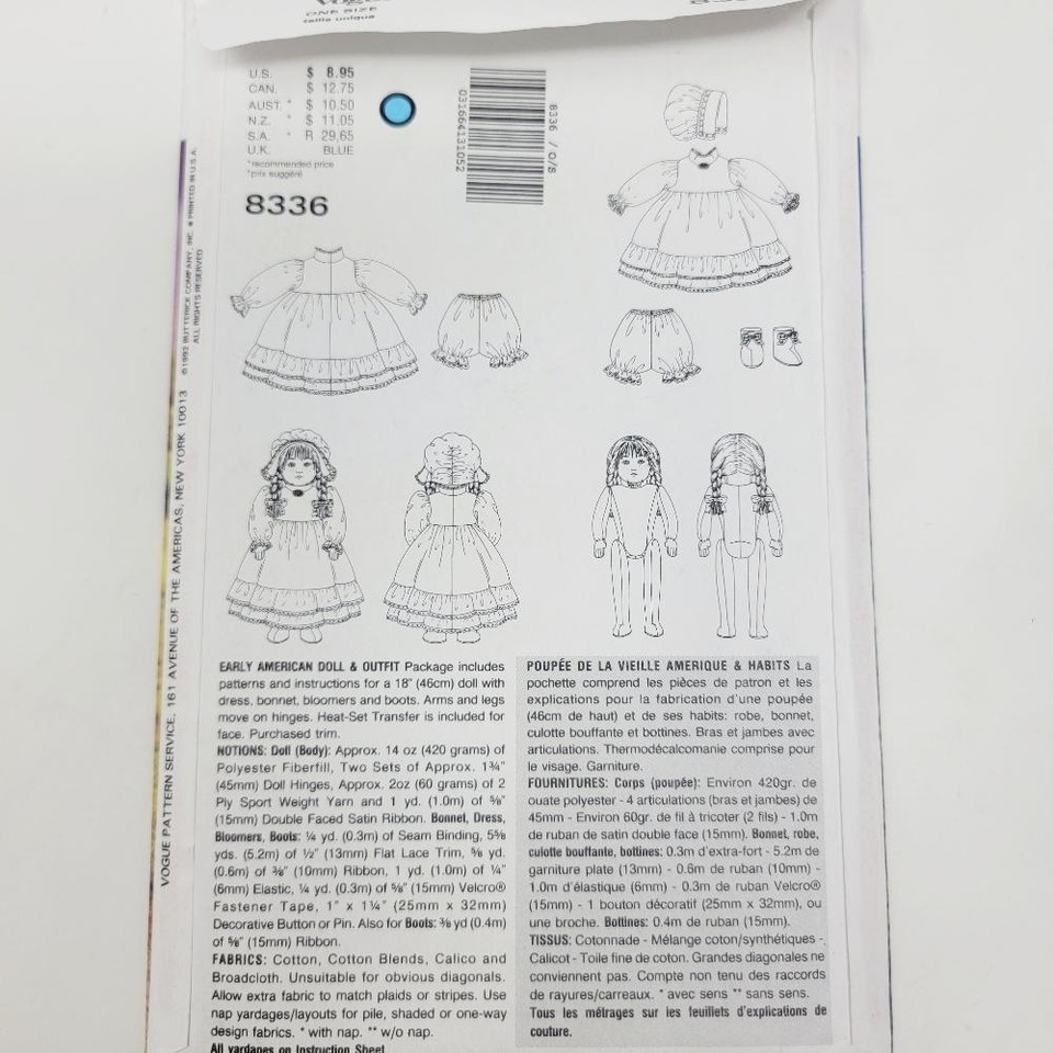 Vogue Pattern 8336 18" Early American Doll & Outfit Dress Bonnet ...