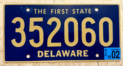 2002 DELAWARE PASSENGER AUTO LICENSE PLATE " 352060 " DE 02 THE FIRST ...
