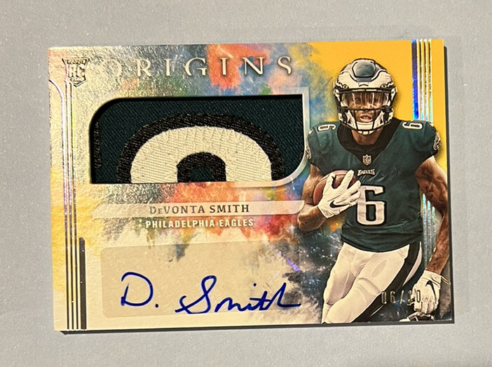 DeVonta Smith 2021 Panini Origins GOLD RC Patch Auto (RPA) Jersey # 6/10