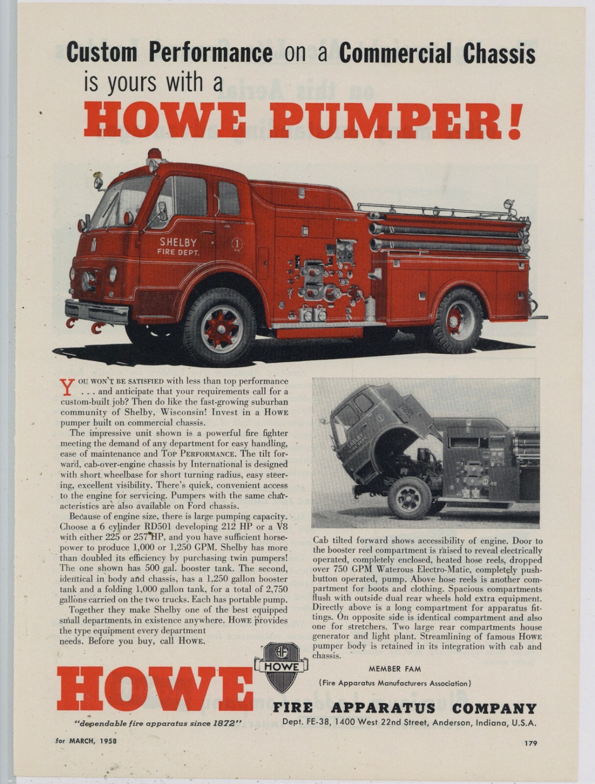 1958 Howe Fire Apparatus Ad: Shelby, Wisconsin Fire Department COE ...